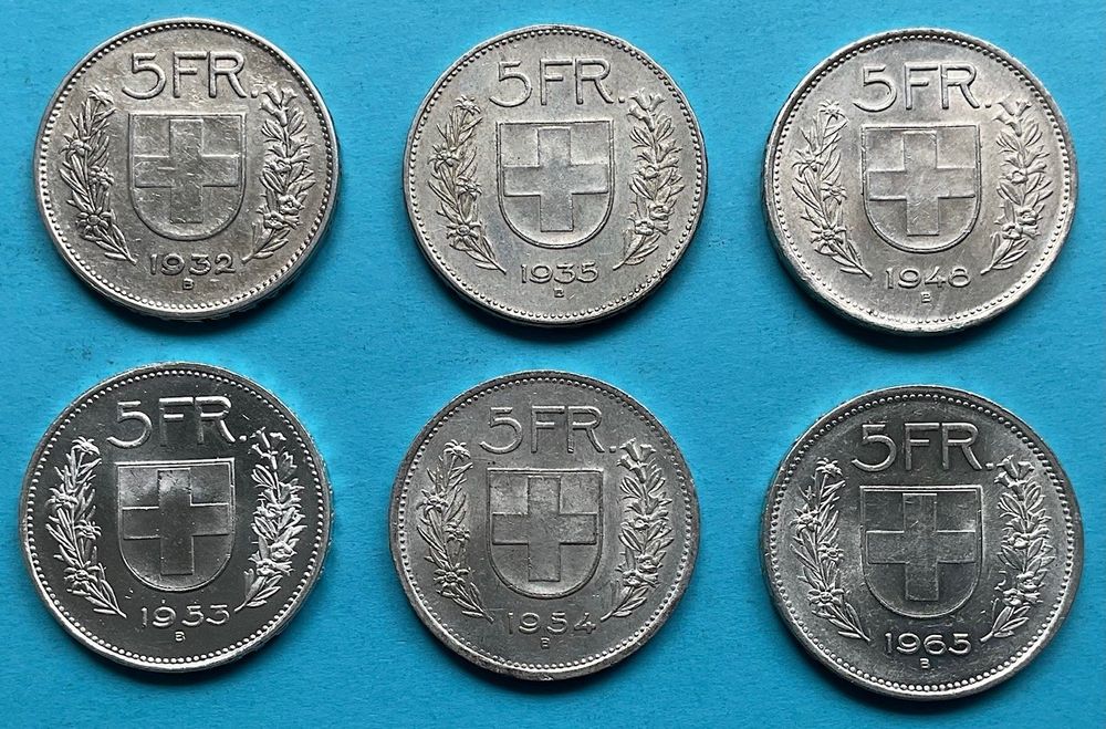 6 Schweizer Silber 5 Franken-Münzen mit diversem Jahrgang (Gebraucht) in Zuerich für CHF 61 ...