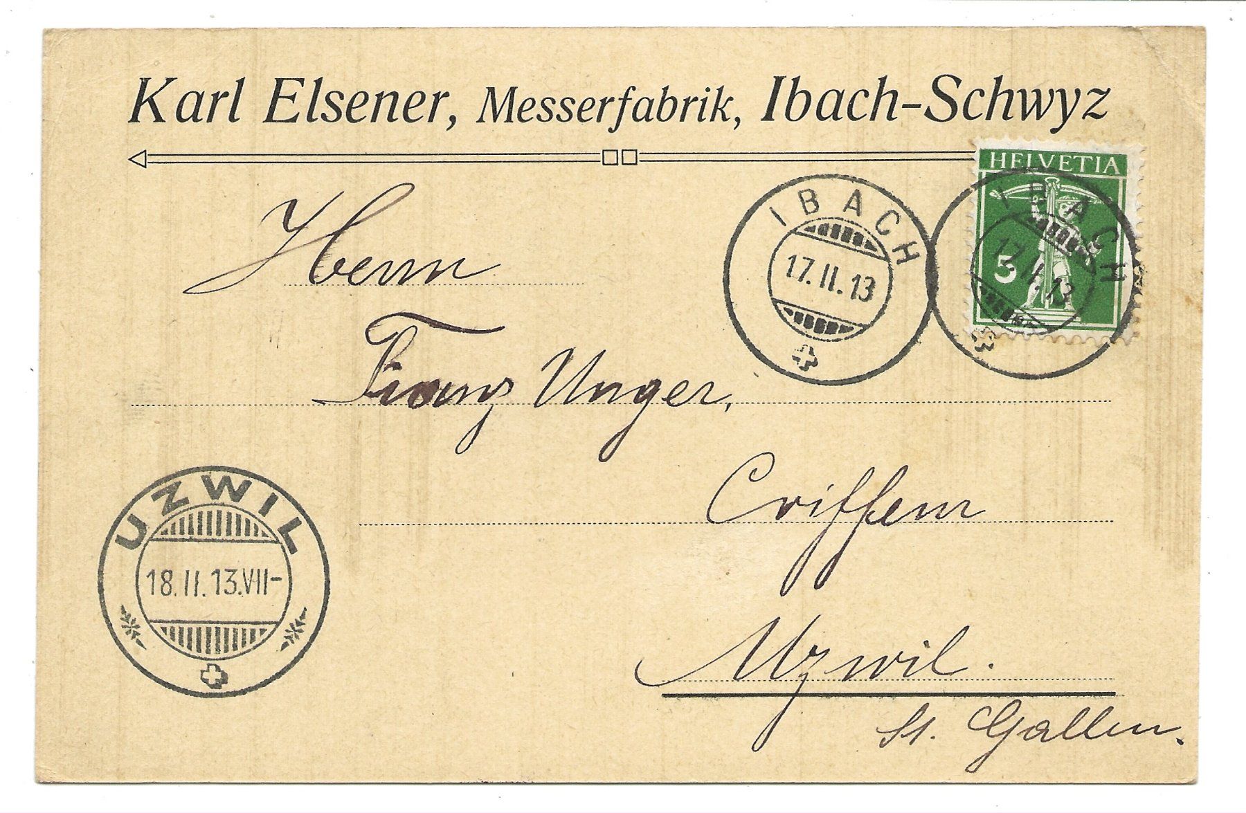 Werbung: Karl Elsener - Messerfabrik - Ibach (SZ) - 1913 (Gebraucht) in ...