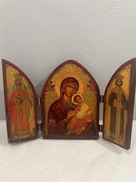 Antike Ikone Madonna mit Kind Triptychon Holz bemalt Gold (Gebraucht) in Nebikon für CHF 100 ...