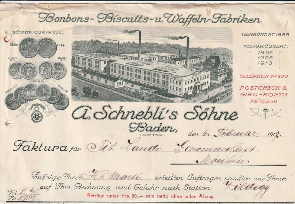 Litho Briefkopf von A. Schnebli^s Söhne Baden 1917 (Gebraucht) in Rupperswil für CHF 8 – mit ...