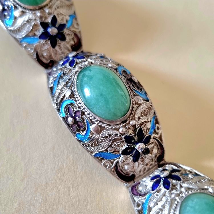 Bracelet chinois ancien argent massif jade et émail | Kaufen auf Ricardo
