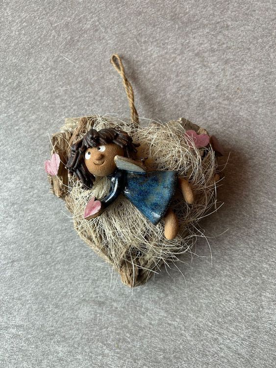 Décoration en forme de cœur en bois avec angel 16 cm (Neuf (Voir ...