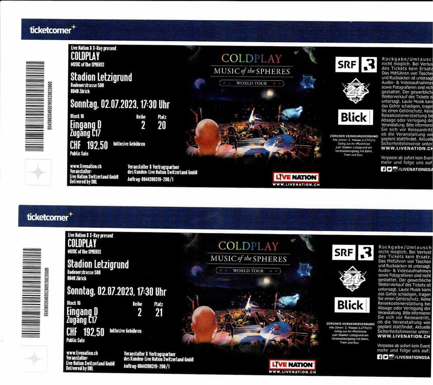 2 x Coldplay Ticket 02.07.2023 Super Sitzplätze (Neu und ...