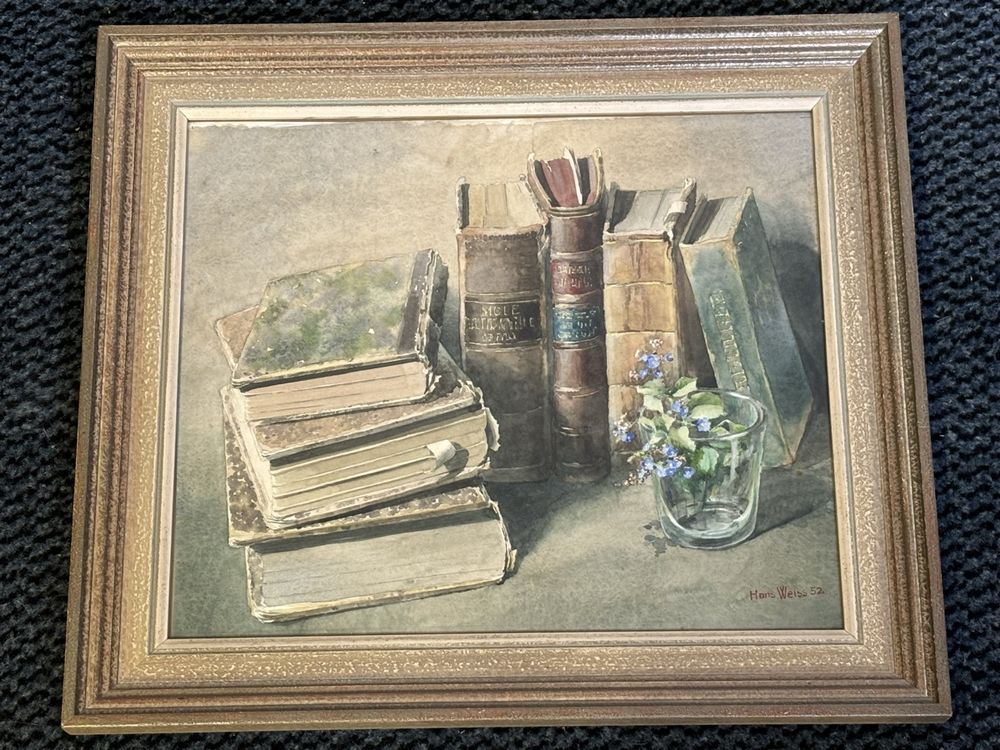 Aquarell HANS WEISS 1952, Bücher Stillleben gerahmt | Kaufen auf Ricardo