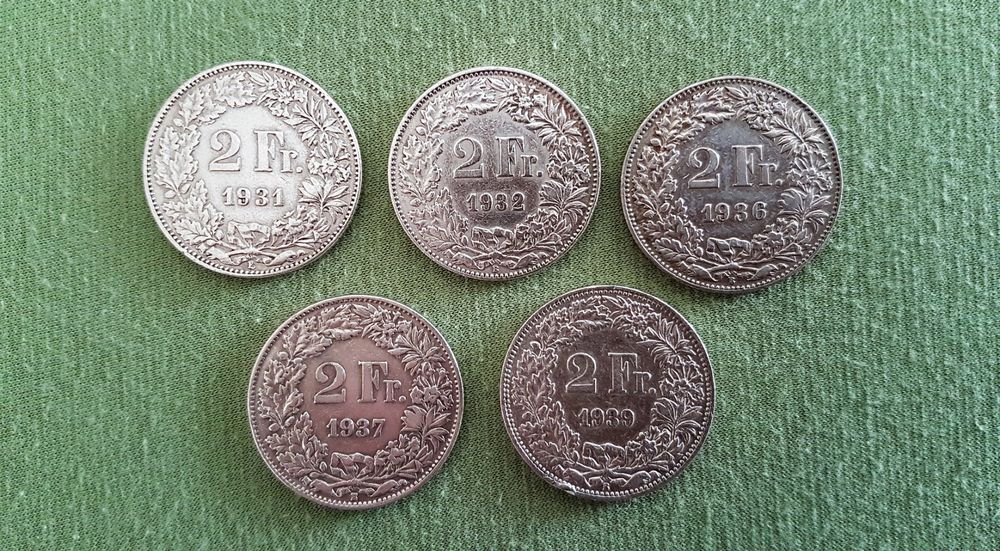 5 x 2 Fr Silbermünzen 30er J. 1931-1939 kompl. Serie ab 1.00 | Kaufen auf Ricardo