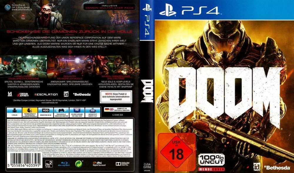 DOOM Dämonen in der Hölle 100% UNCUT PS 4 (Gebraucht) in Schüpfheim für ...