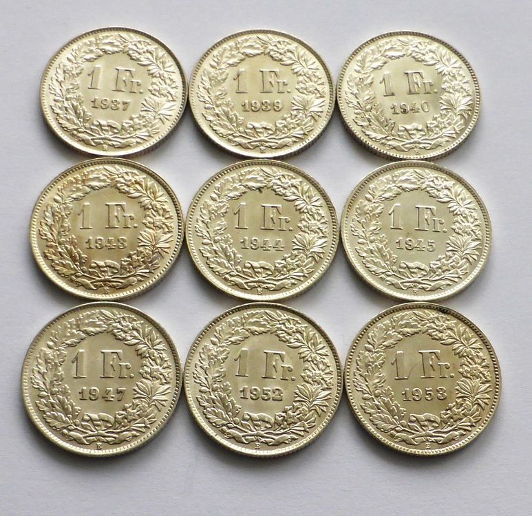 9x vz./unz.SILBER 1 Fr.1937, 39, 40, 43, 44, 45, 47, 52,1953 (Neu (gemäss Beschreibung)) in ...