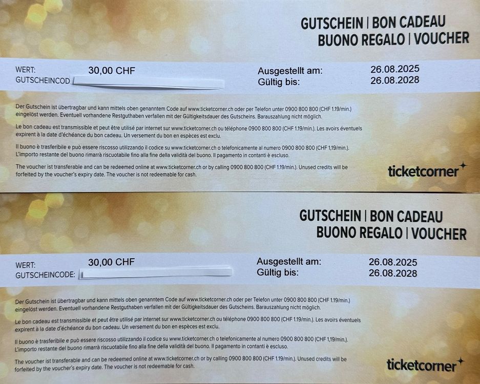 Ticketcorner Gutschein (Neu und originalverpackt) in Unterseen für CHF ...