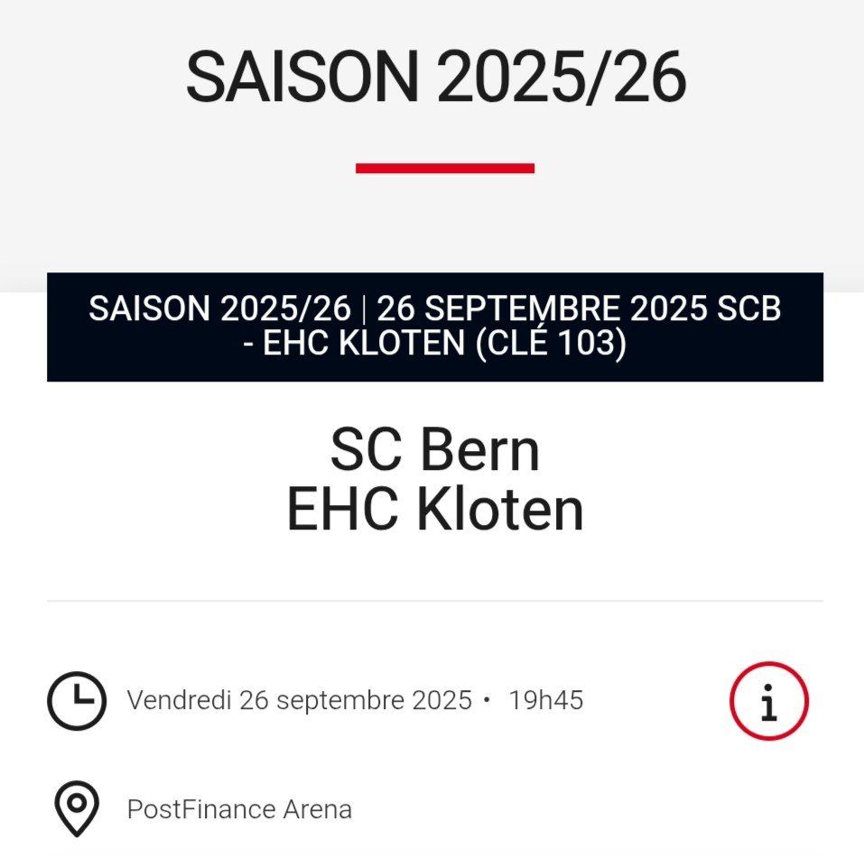 SCB Tickets 2X Sitzplatz SC Bern-EHC Kloten 26.09.2025 (Gebraucht) in Avry-sur-Matran für CHF 59 ...