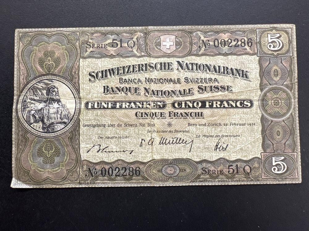 5 Fr.-Note Schweiz 1951 (Gebraucht) in Herisau für CHF 4 – mit ...