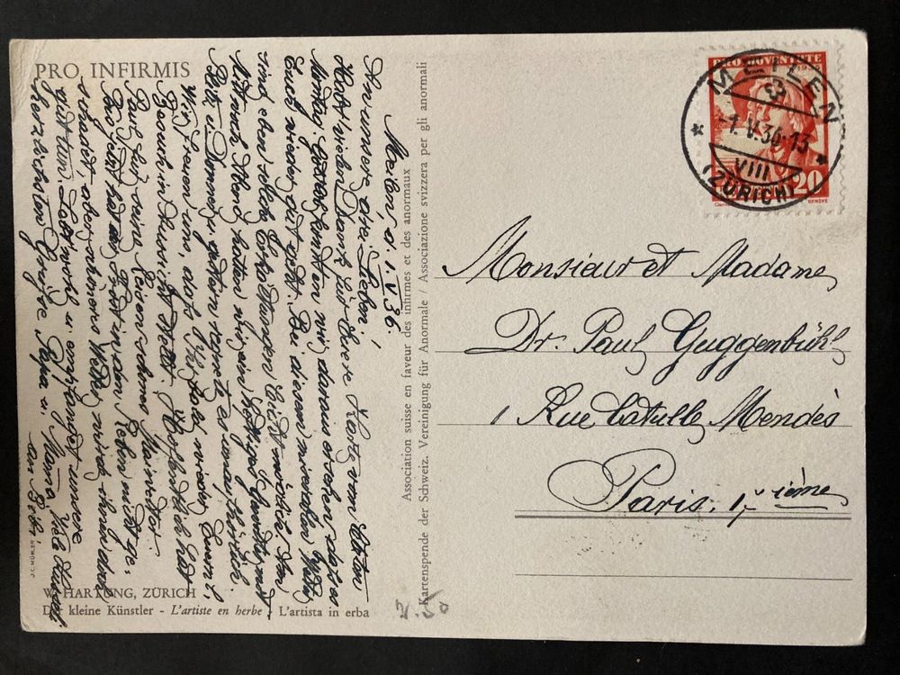 Schweiz 1936 Karte Pro Infirmis Pro Juventute 20 Rp. n.Paris | Kaufen auf Ricardo
