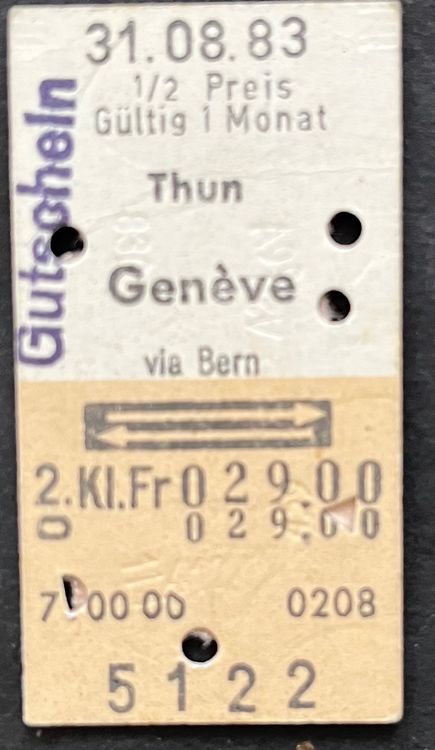 Thun Genêve via Bern/ Billett 1983 | Kaufen auf Ricardo