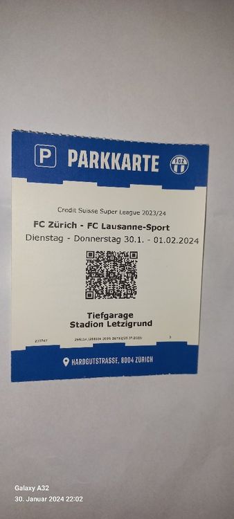 1 Parkkarte für das Spiel von heute 31.1.24 FCZ - Lausanne | Kaufen auf ...