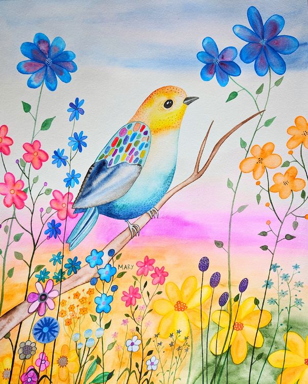 Original Aquarell Fantasie Vogel zwischen Fantasie Blumen (Neu und originalverpackt) in ...