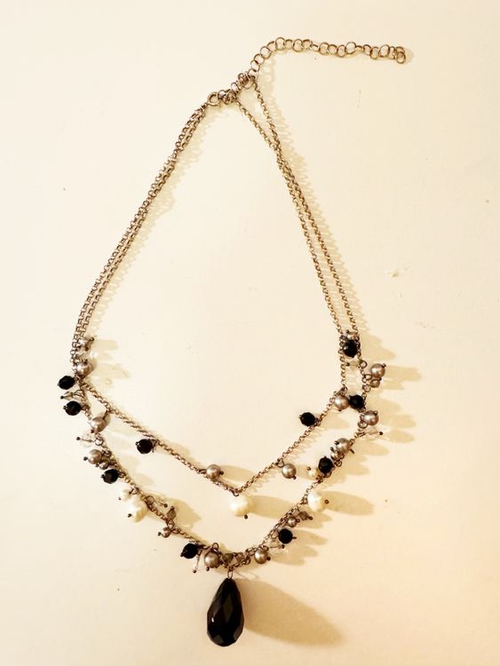 Beautiful double silver chain with onyx and pearls | Kaufen auf Ricardo