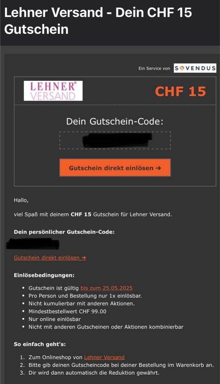 LEHNER VERSAND 🛍️ CHF 15 Gutschein Gutscheincode Rabattcode (Neu und originalverpackt) in St ...
