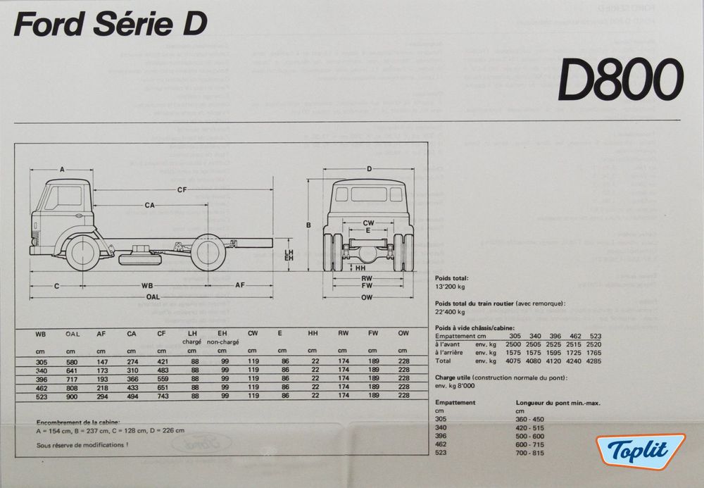 TECHNISCHE DATEN FLYER - FORD SERIE D - TYP D800 - 1970 (Gebraucht) in ...