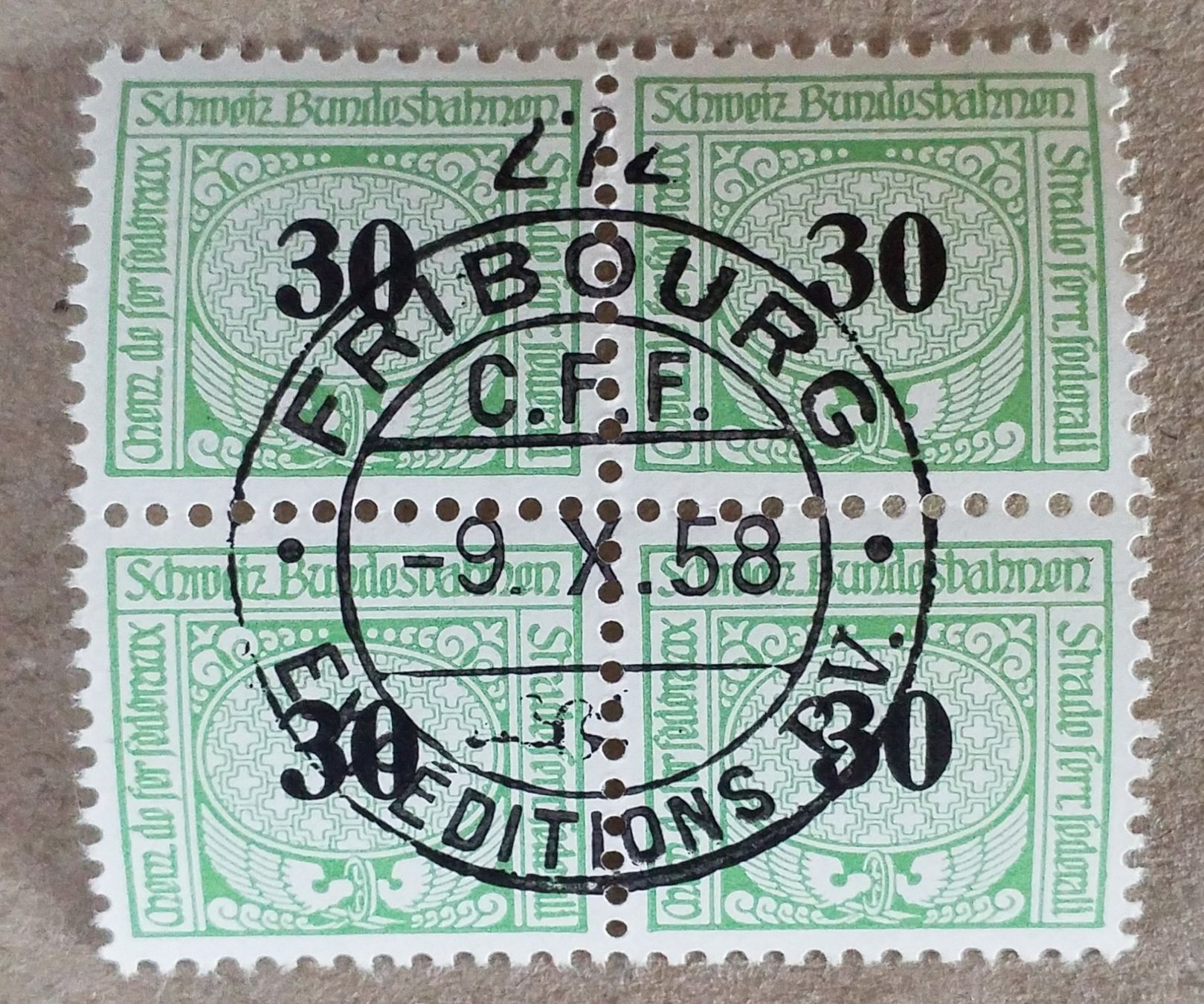 MA141) 30Rp Eisenbahnmarken 4-Block Zentrumstempel Fribourg (Neu ...