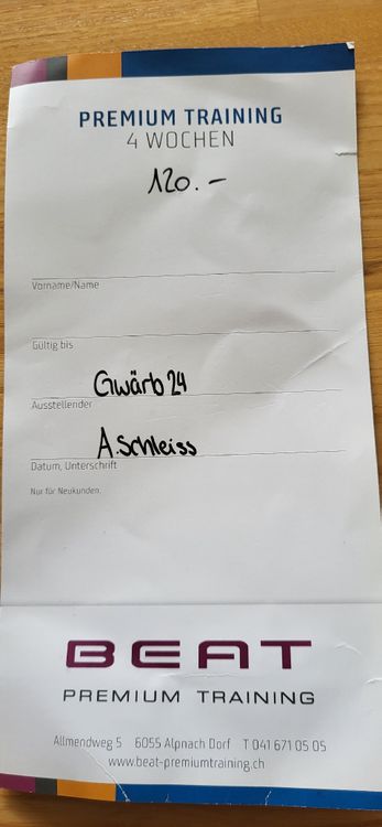 Beat Premium Training Alpnach Gutschein im Wert von 120.-. (Neu (gemäss ...