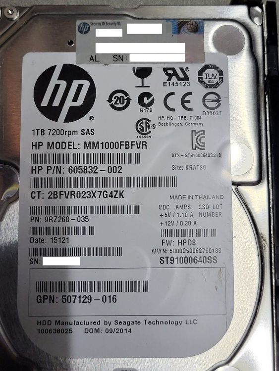 HP/HPE 1TB SAS Disk 6Gbps/7.2k/2.5" 653954-001 für Gen8/9 (Gebraucht ...