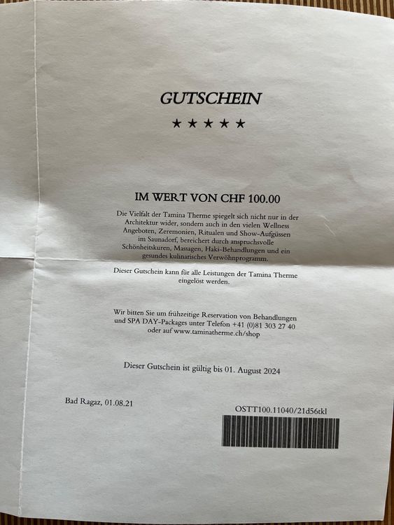 Gutschein CHF 100.- Tamina Therme Bad Ragaz (Neu und originalverpackt) in Münchwilen TG für CHF ...
