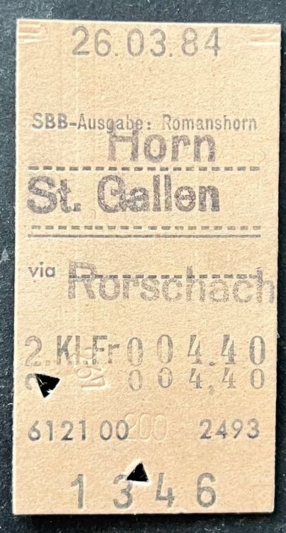 Horn St. Gallen via Rorschach Billett 1984 (Gebraucht) in Wabern für CHF 2 – mit Lieferung auf ...