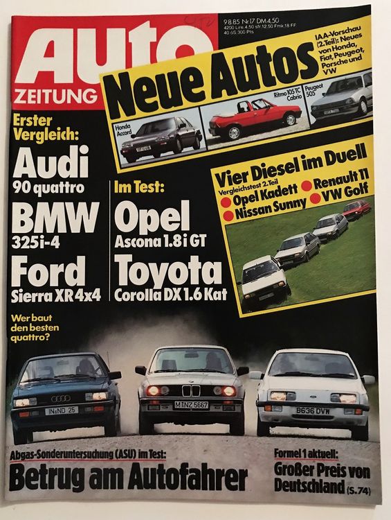 1985, Nr.17, Auto Zeitung, Audi Quattro, BMW E30, Sierra XR4 | Acheter ...