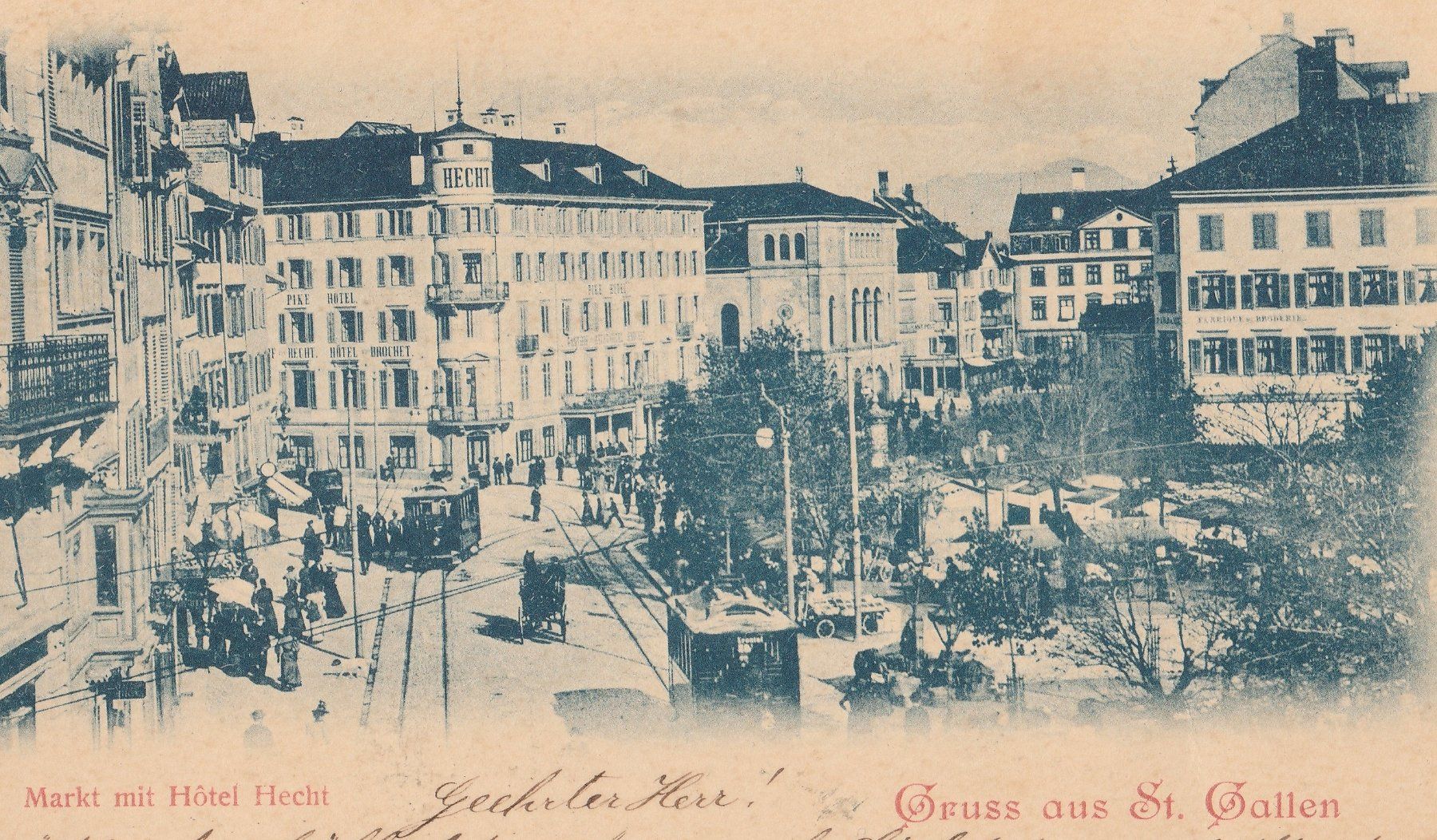 St. Gallen 1899 Markt und Hotel Hecht mit Strassenbahn anim. (Gebraucht ...