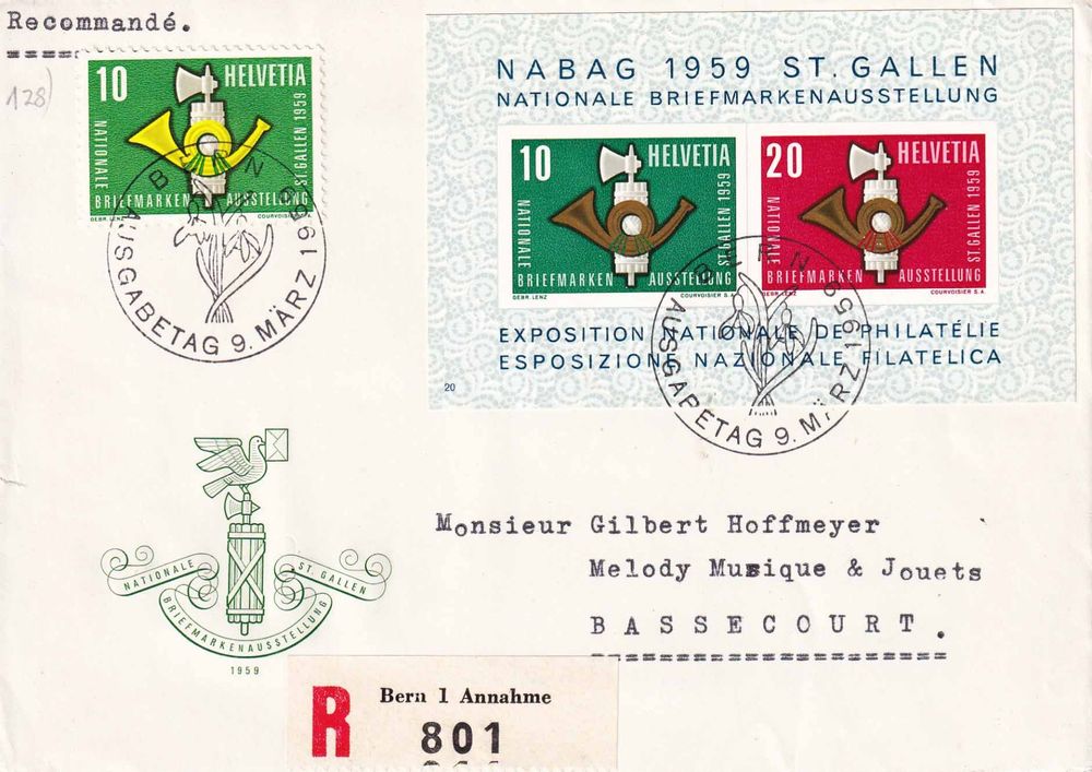 1959, NABAG-Block Nr. W38+, auf offiz. R-FDC nach Bassecourt (Gebraucht ...