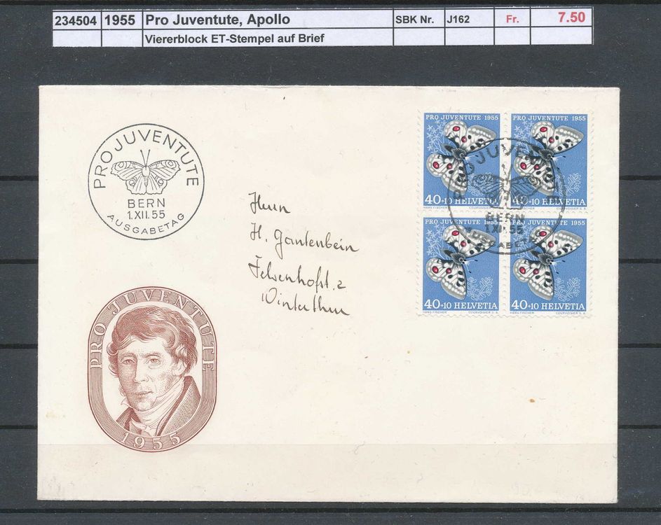 1955 Pro Juventute 40 Rp. Viererblock, ET - Bedarfsbrief (Gebraucht) in Winterthur für CHF 7.5 ...