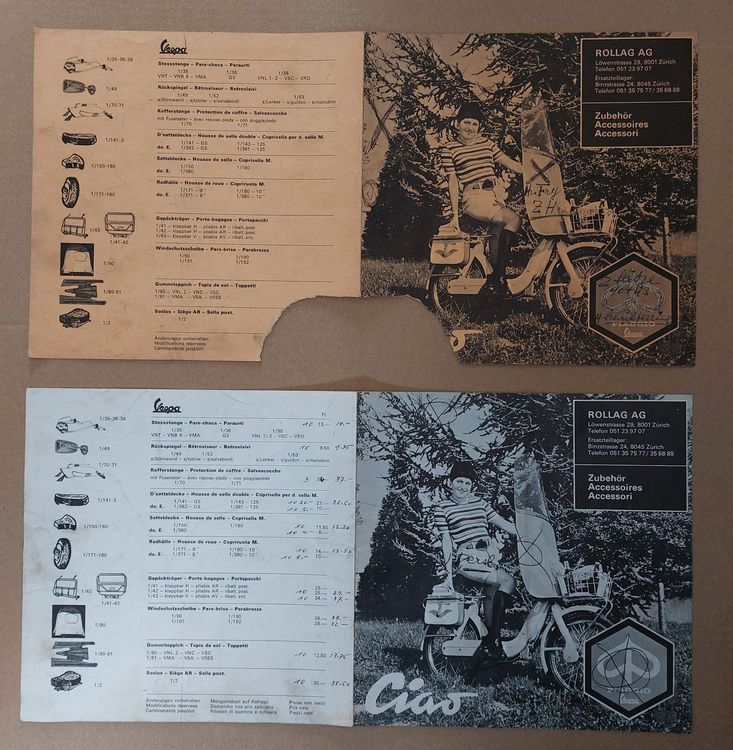 Prospekt Piaggio, Ciao, Vespa Zubehör (Gebraucht) in Schenkon für CHF 25 – mit Lieferung auf ...