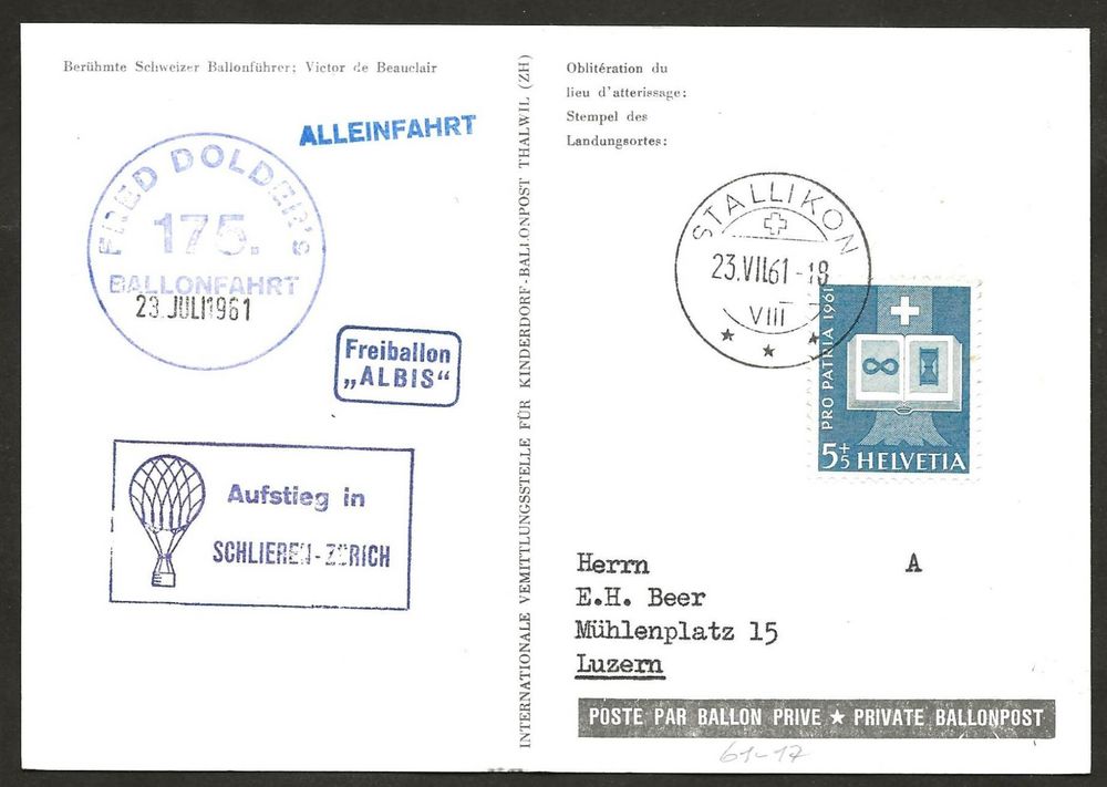 Ballon Schweiz 1961 Schlieren Stallikon Luftpost | Kaufen auf Ricardo