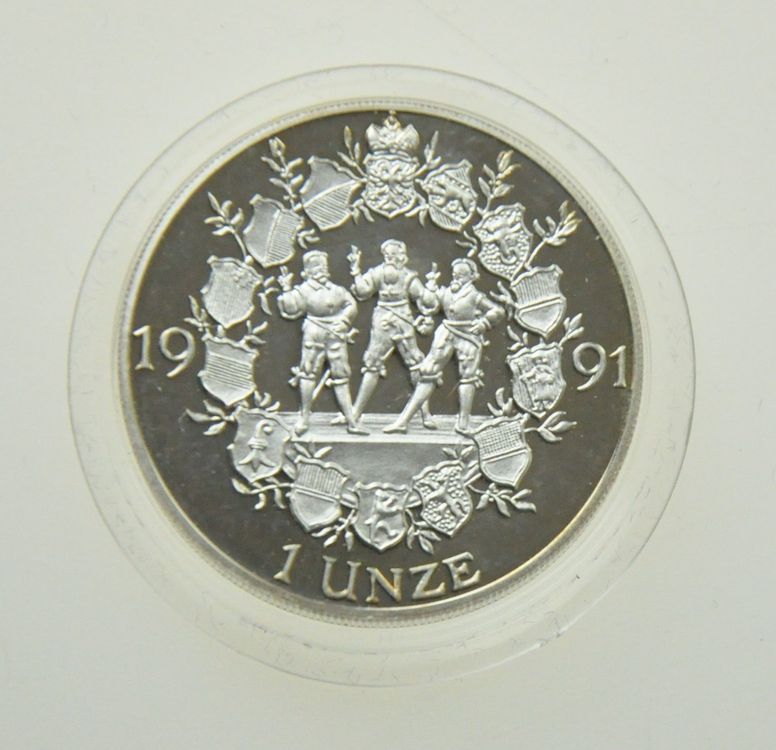1 Unze Silbermedaille Schweiz 700 Jahre 1291 - 1991 Helvetia (Gebraucht) in Wettingen für CHF 36 ...