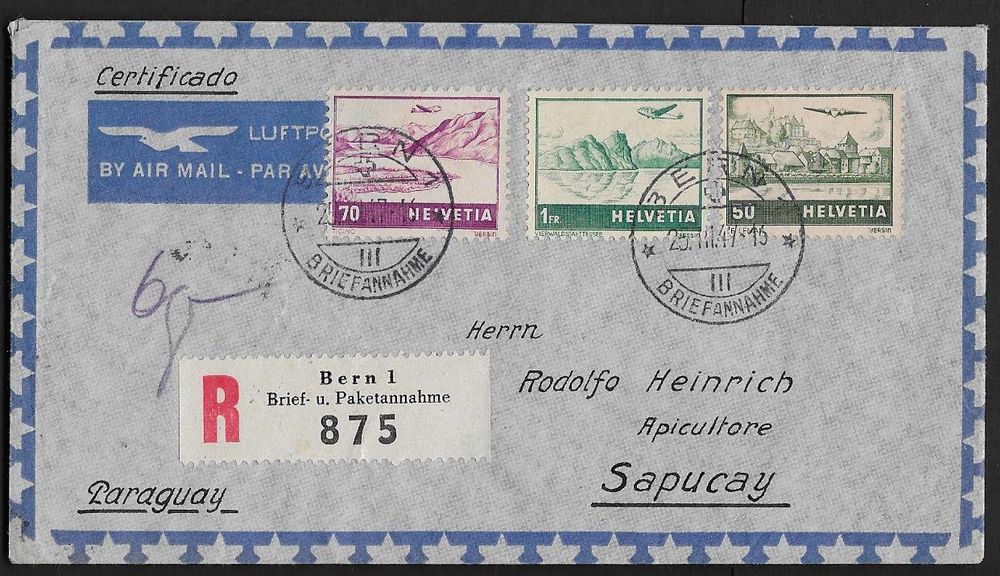 947 R/Luftpost-Brief BERN nach PARAGUAY einwandfrei ab 1.- (Gebraucht) in Zürich für CHF 53 ...