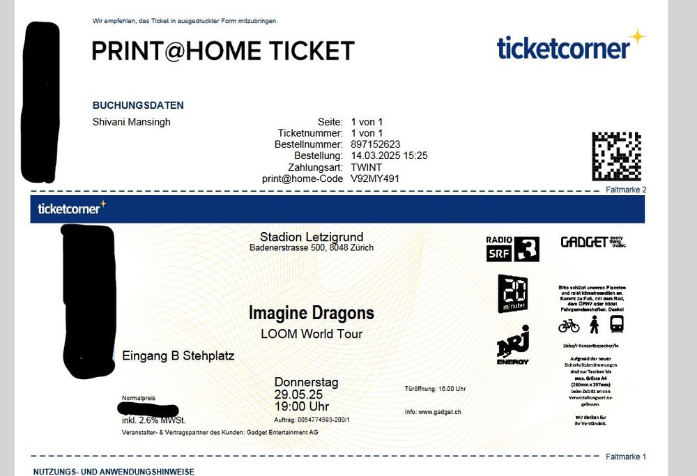 1 Ticket Imagine Dragons Zürich Stehplatz 29.05.25 (Neu (gemäss Beschreibung)) in Basel für CHF ...