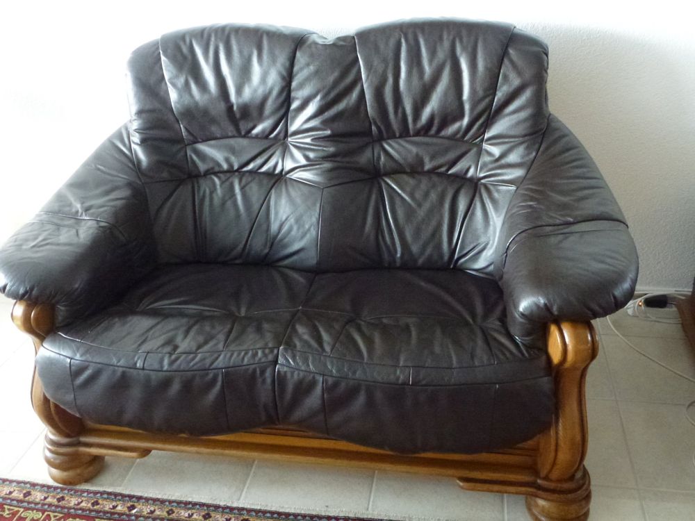 2er Sofa dunkelbraun Leder/Holz EIche | Kaufen auf Ricardo