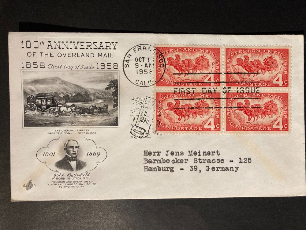 USA 1958 illustrierter FDC 4x4c Overland Mail Pferdekutsche (Gebraucht) in Liestal für CHF 1 ...