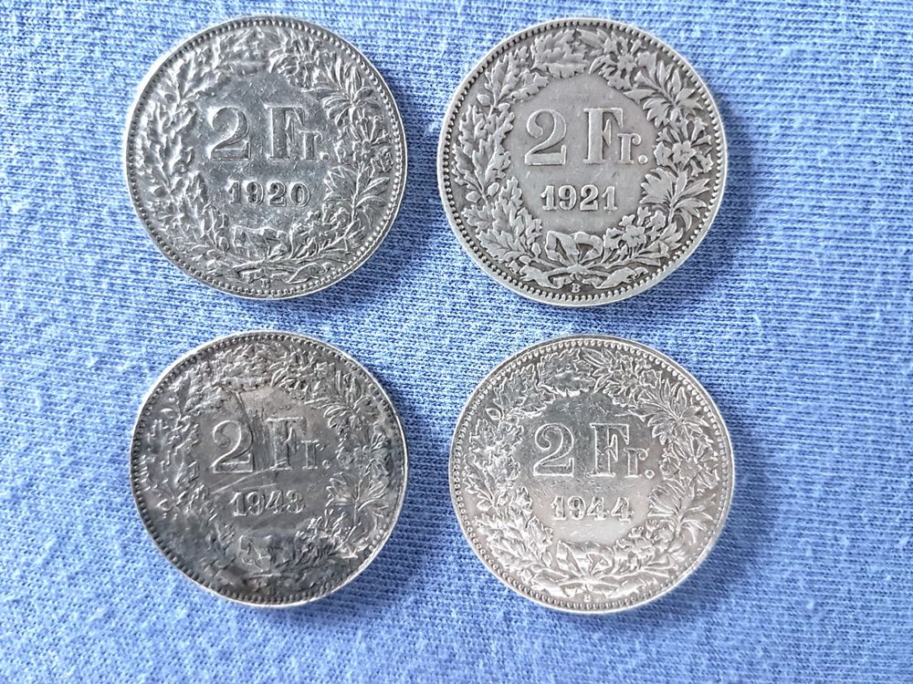 4 x 2 Fr Silbermünzen 1920-1921-1943-1944 ab nur 1 Fr !! (Gebraucht) in Camignolo für CHF 22 ...
