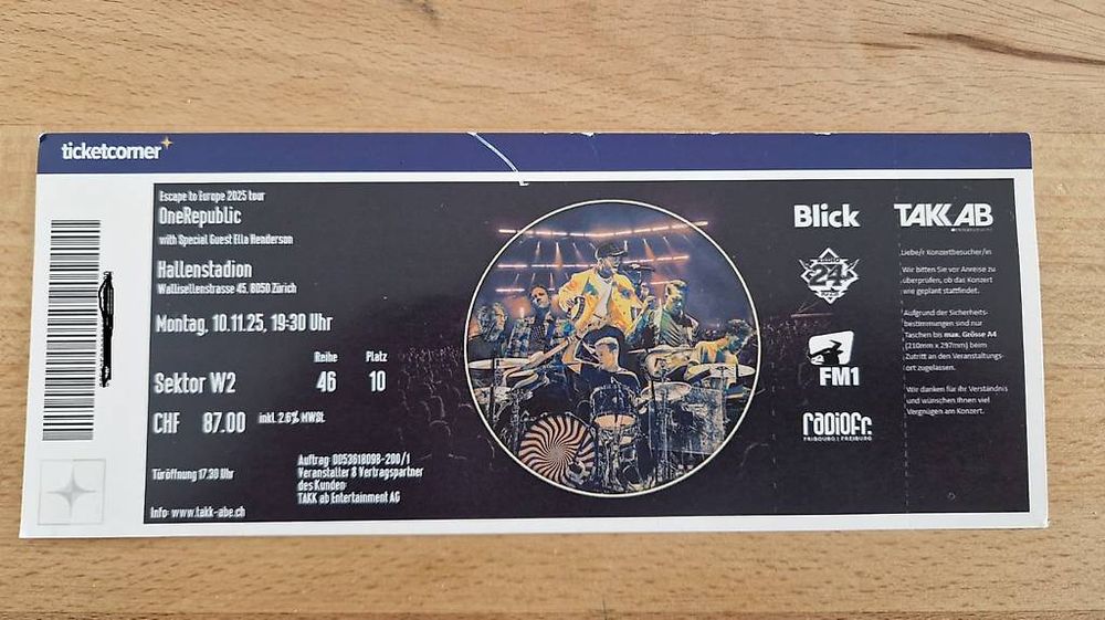 OneRepublic Ticket in Zürich am Montag, 10.11.2025 (Gebraucht) in ...
