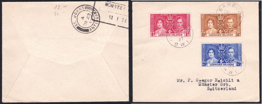 Aushilfsstempel MÜNSTER, Brief von Leeward Islands BWI 1937 (Gebraucht) in Basel für CHF 45 ...