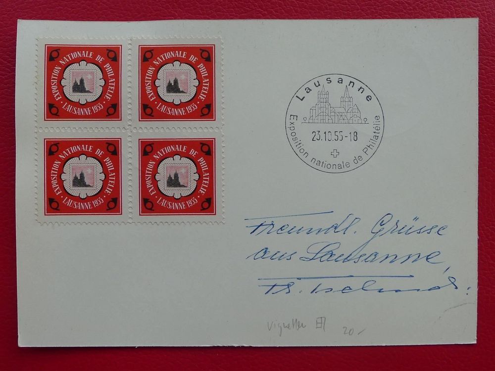 1955 LAUSANNE Ausstellung: VIGNETTE-Viererblock auf Karte (Gebraucht) in Sursee für CHF 18.5 ...