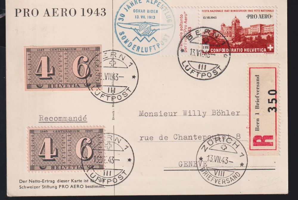 Karte: Pro Aero 1943 Bern - Zürich / mit Zusatzfrankatur | Kaufen auf Ricardo