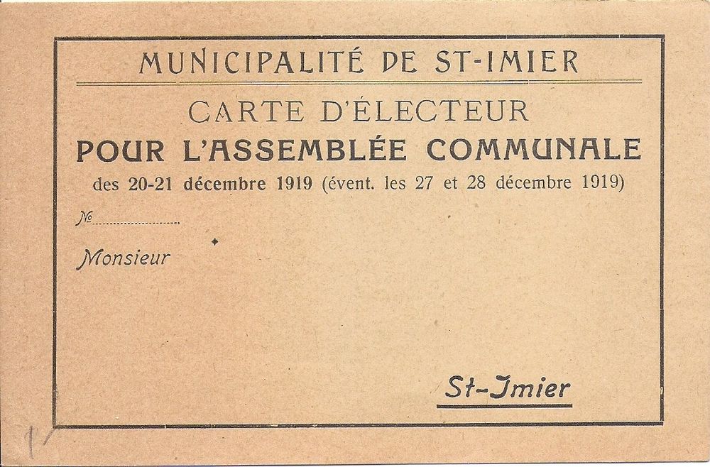 SAINT - IMIER, carte d'électeur pour l'assemblée communale (Neu (gemäss ...