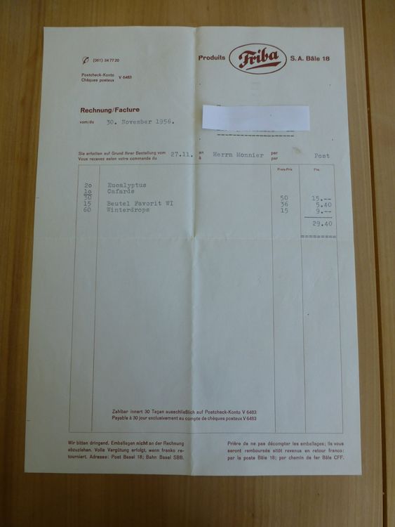 Basel, Friba SA Pralines 1956 (Gebraucht) in Bettlach für CHF 1 – mit ...