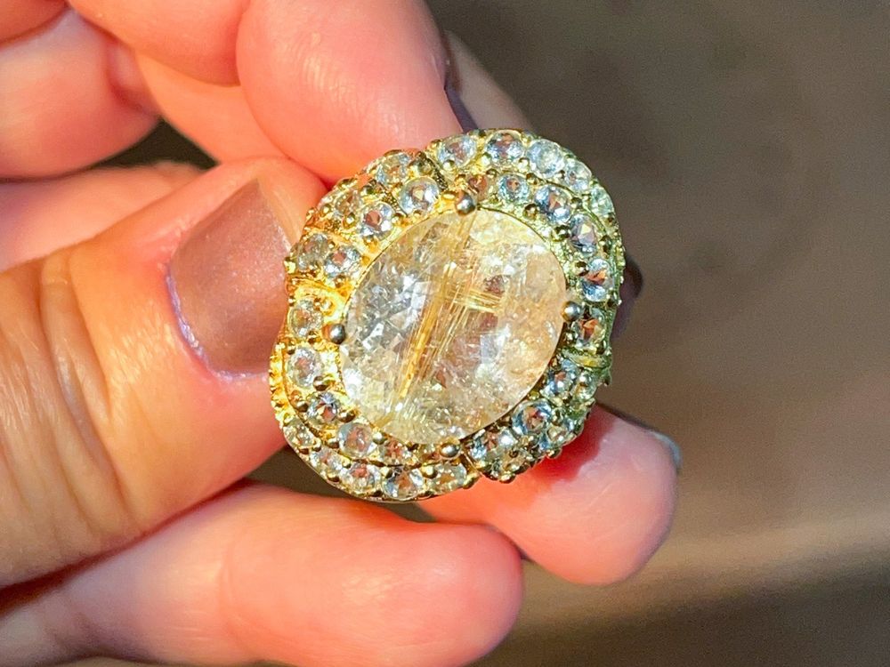 Gold Rutile Quartz & Blue Topaz SS925 14k Gold Vermeil Ring (Neu ...