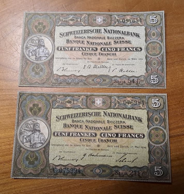 2 Stück 5 Franken Noten unzirkuliert ungefalten 1939 1952 | Kaufen auf Ricardo