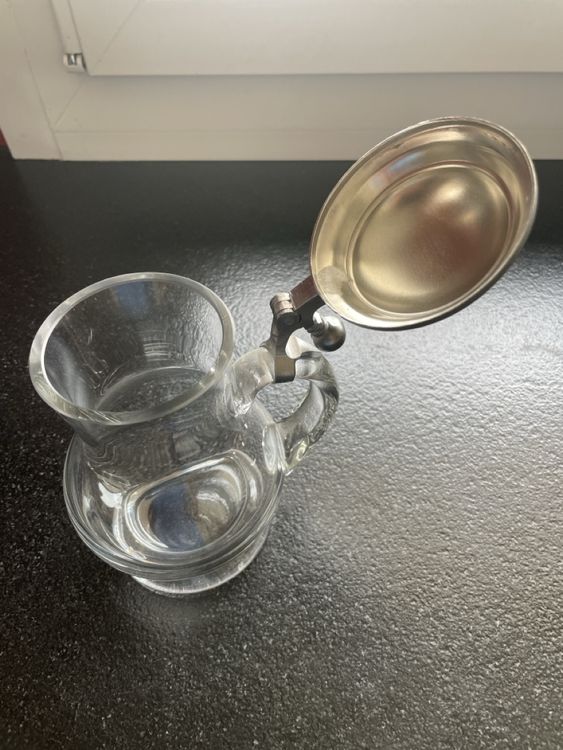 Krug Glas mit Zinn Deckel gut erhalten, antikes Sammlerstuec (D ...