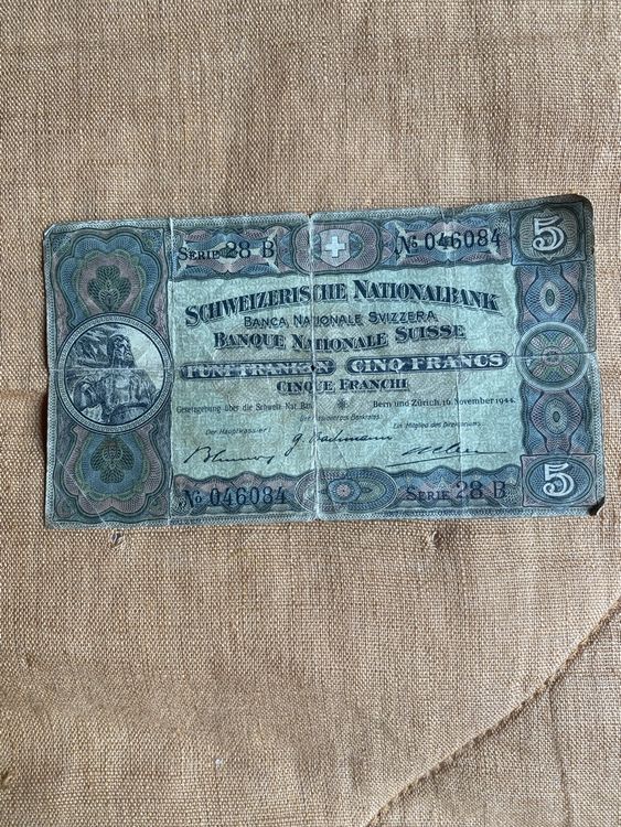 Alte 5 Franken Note Schweizer Nationalbank 1944 (Gebraucht) in Zürich ...