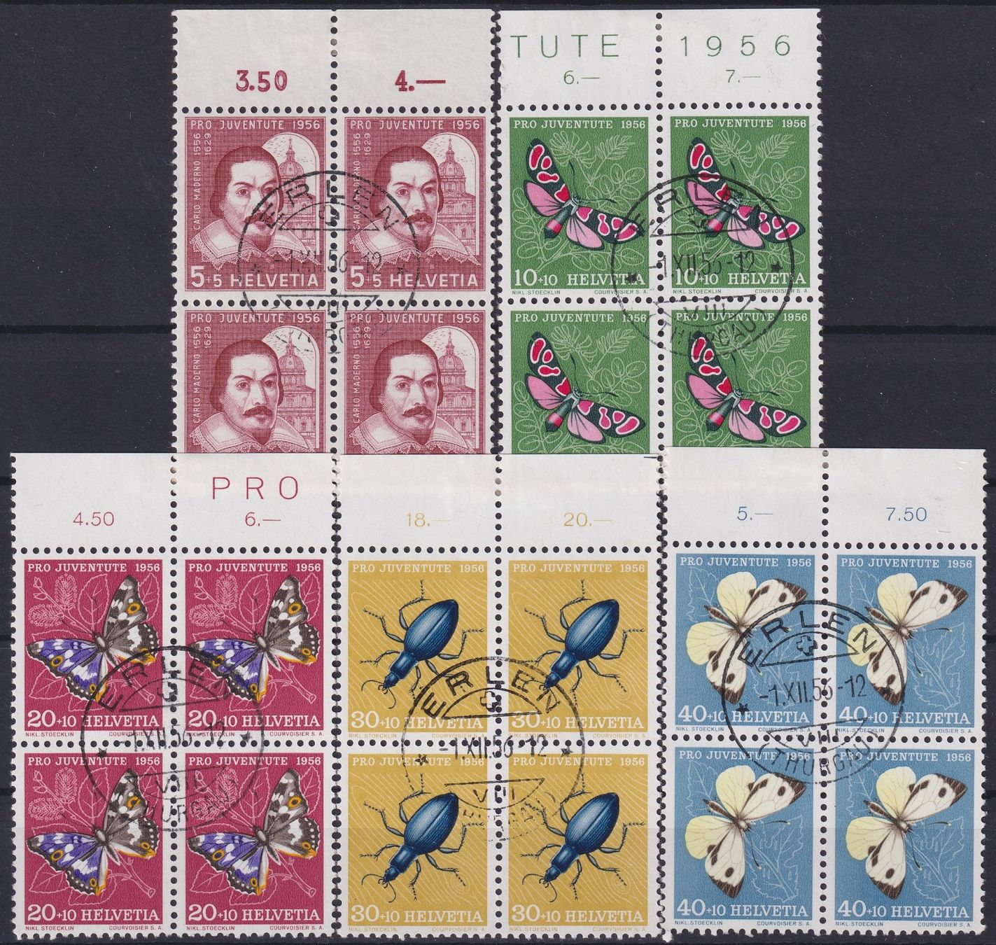 1956, PJ J163-167 Serie Viererblöcke aus ERLEN ET, Kat: 80.- (Gebraucht ...
