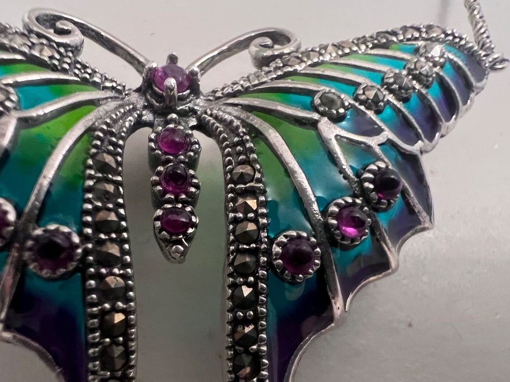 Collier Libelle Tiffany Technik m. Rubinen u Markasiten 925 (Neu ...